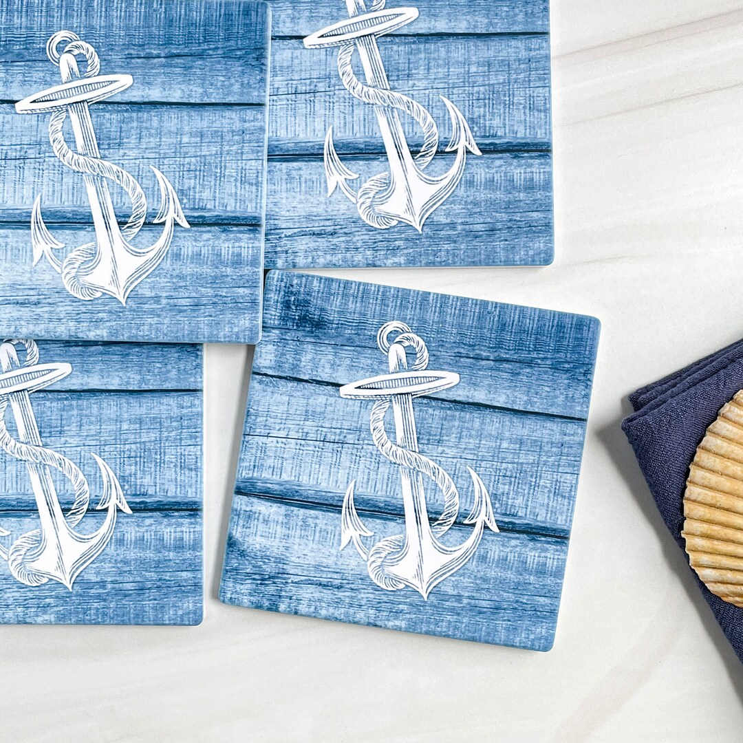 Nautical Stone Coasters With Anchors, Beach House Coffee Table Decor - Etsy