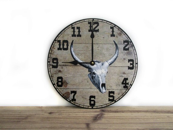 Items similar to Western Wall Clock - Cow Skull on Rustic Wood Print ...