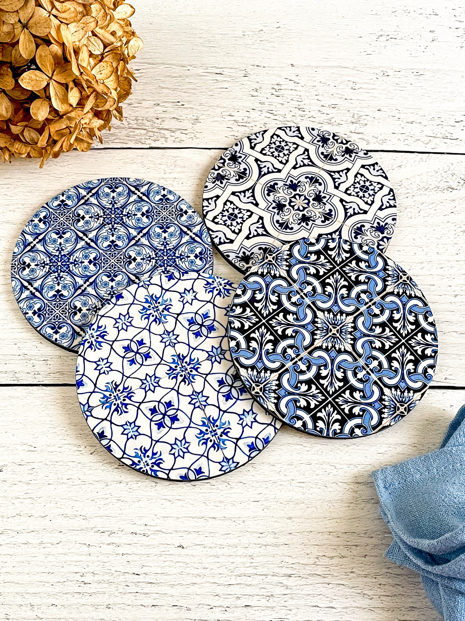 Blue Tile Print Drink Coasters Vintage Style Coasters Set - Etsy