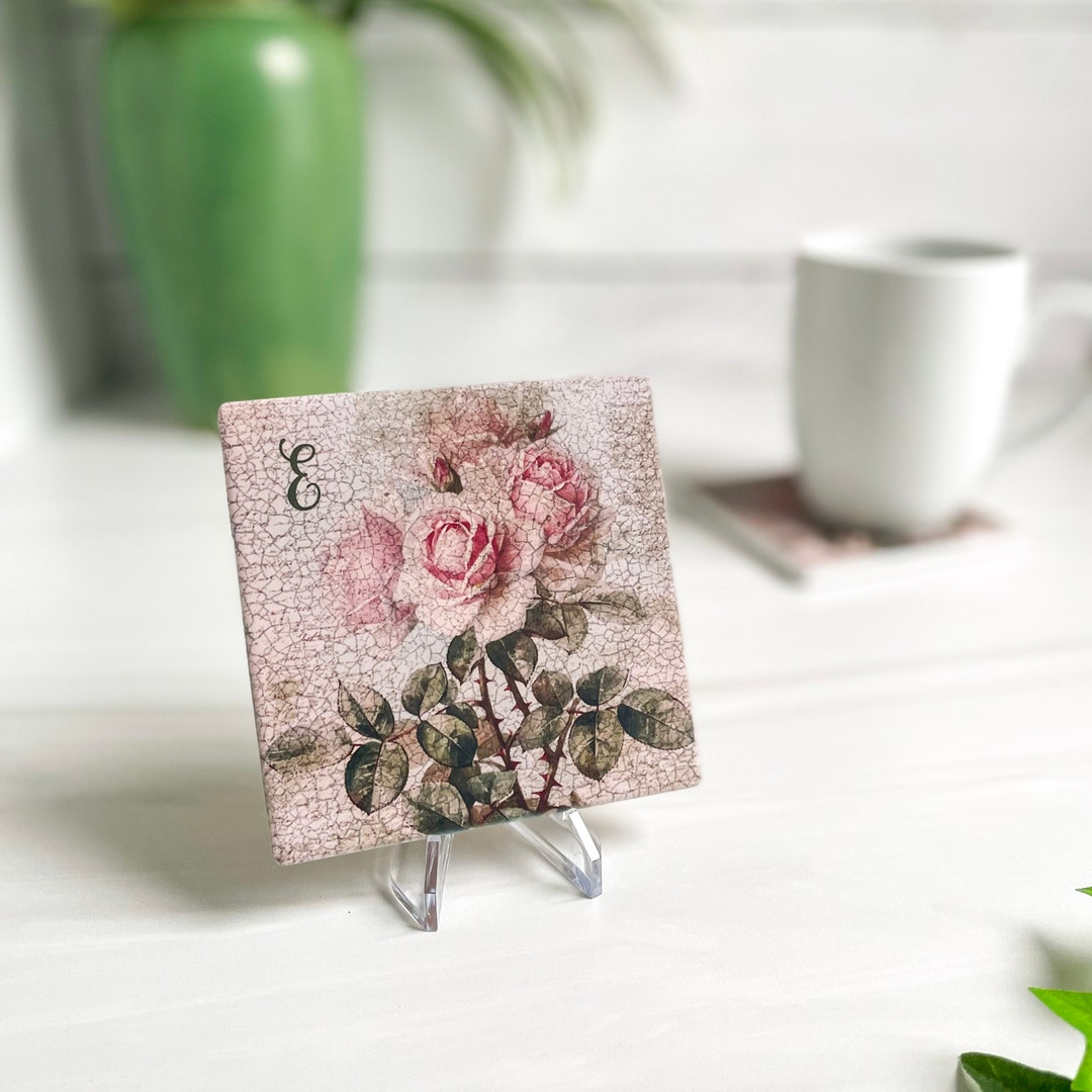 Personalized Stone Coaster Set With Roses - Shabby Cottage Core Decor ...
