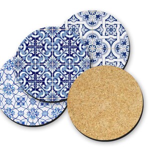 Blue Tile Print Drink Coasters, Vintage Style Coasters Set, Coffee ...