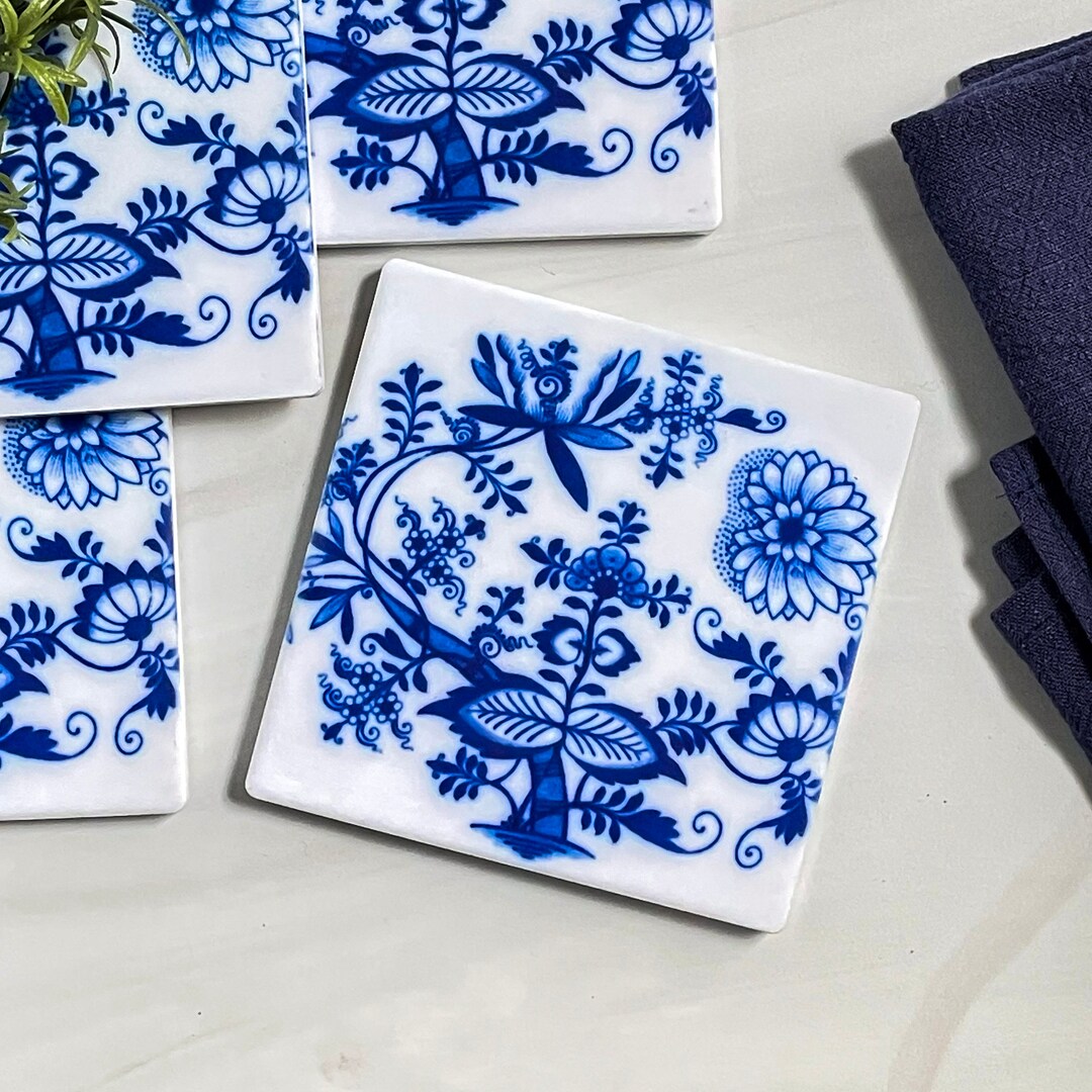 Blue Onion Stone Drink Coasters Set - Flow Blue and White Table Decor ...