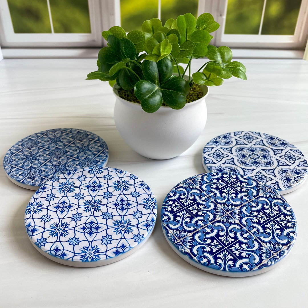 Blue Tile Stone Drink Coasters Boho Coffee Table Decor - Etsy