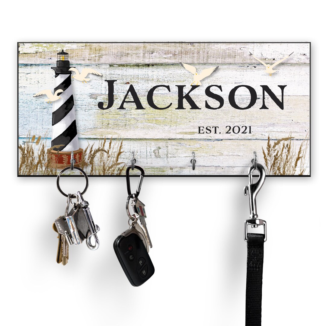 Personalized Key Holder for Wall With Lighthouse - Beach House Wall ...