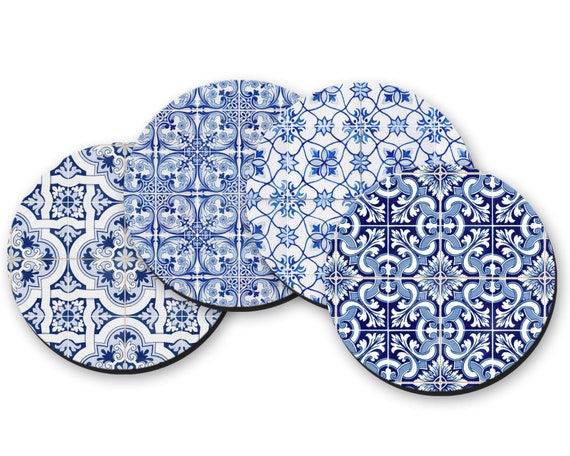 Blue Tile Print Drink Coasters Vintage Style Coasters Set | Etsy