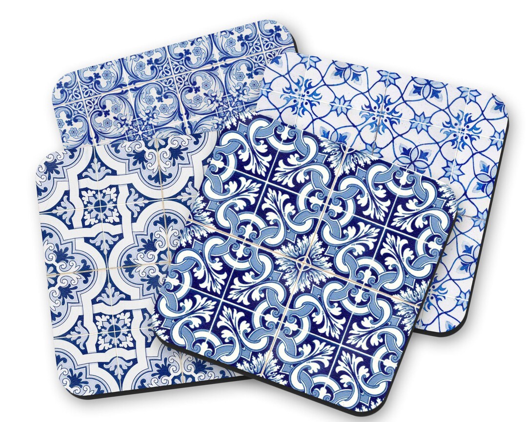 Blue Tile Print Drink Coasters, Blue and White Coffee Table Decor ...