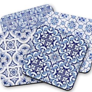 Blue Tile Print Drink Coasters, Blue and White Coffee Table Decor ...
