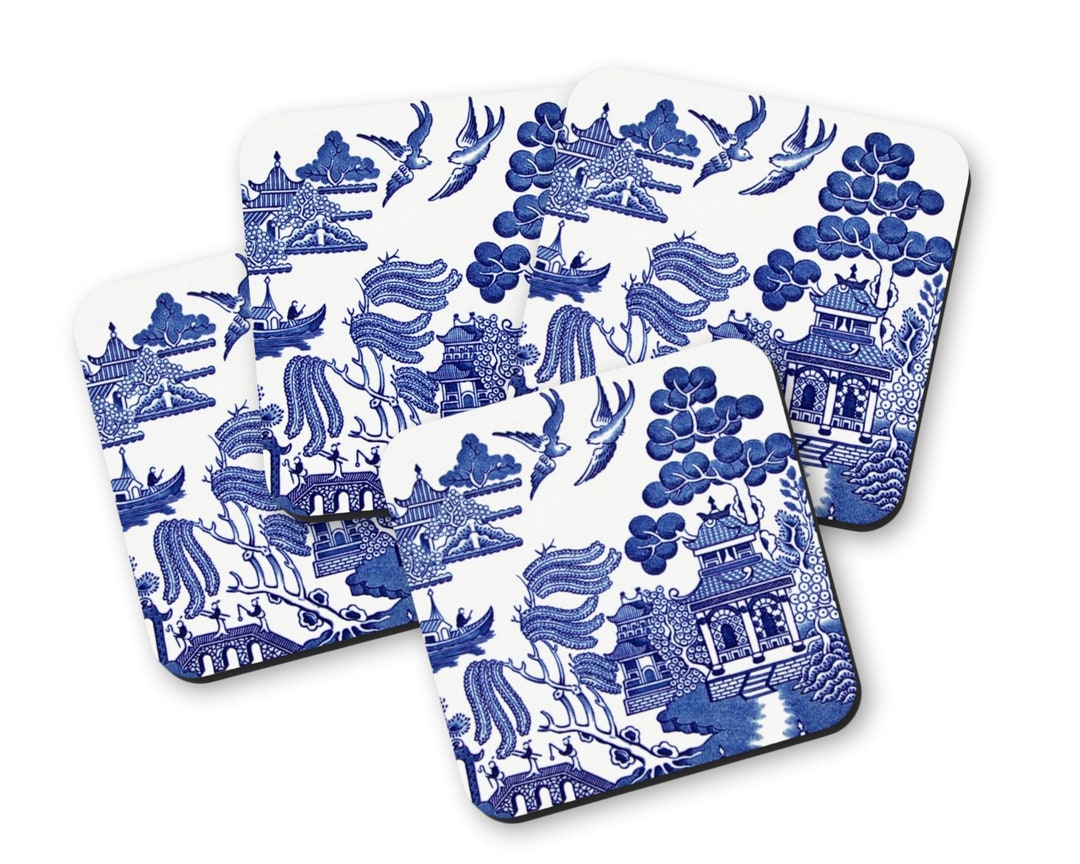 Blue Willow Coaster Set - Vintage Style Drink Coasters - Blue and White ...