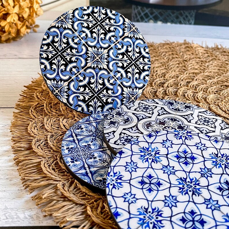 Blue Tile Print Drink Coasters Vintage Style Coasters Set - Etsy