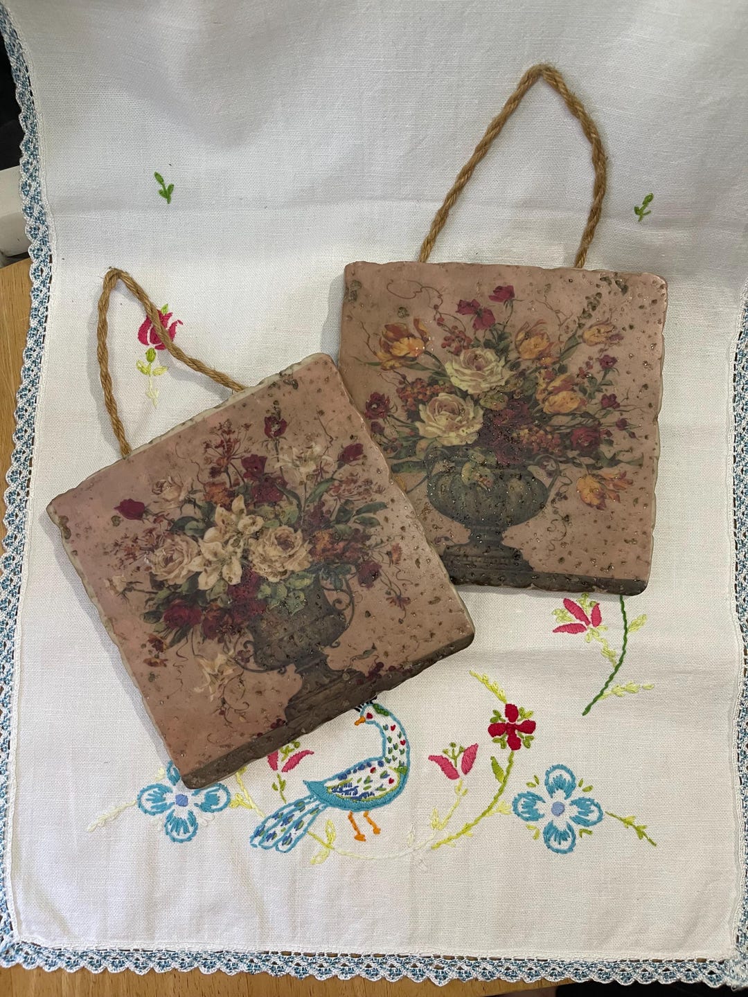 Set of Two Floral Design Pottery Tile Wall Hangings - Etsy