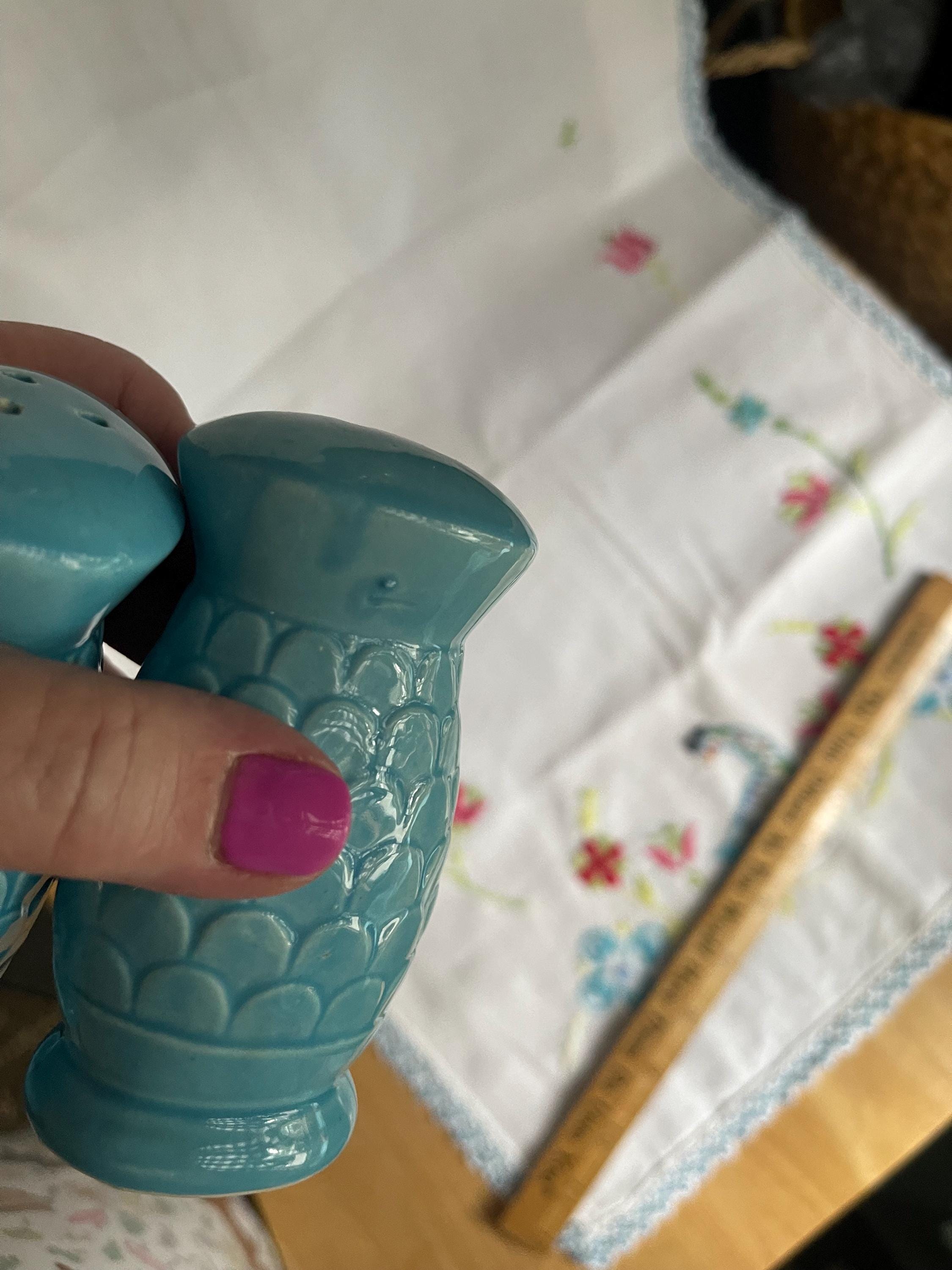 Aqua Blue Fish Scale Scalloped Design Salt and Pepper Shakers Made in ...