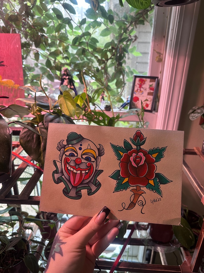 Watercolor Traditional Tattoo Flash Clown & Rose Painting - Etsy