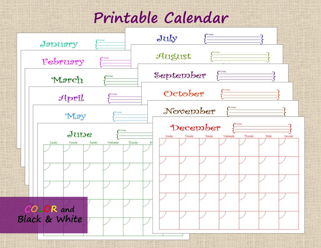 Monthly Calendar Templates - Printable - Undated - Color - Black ...