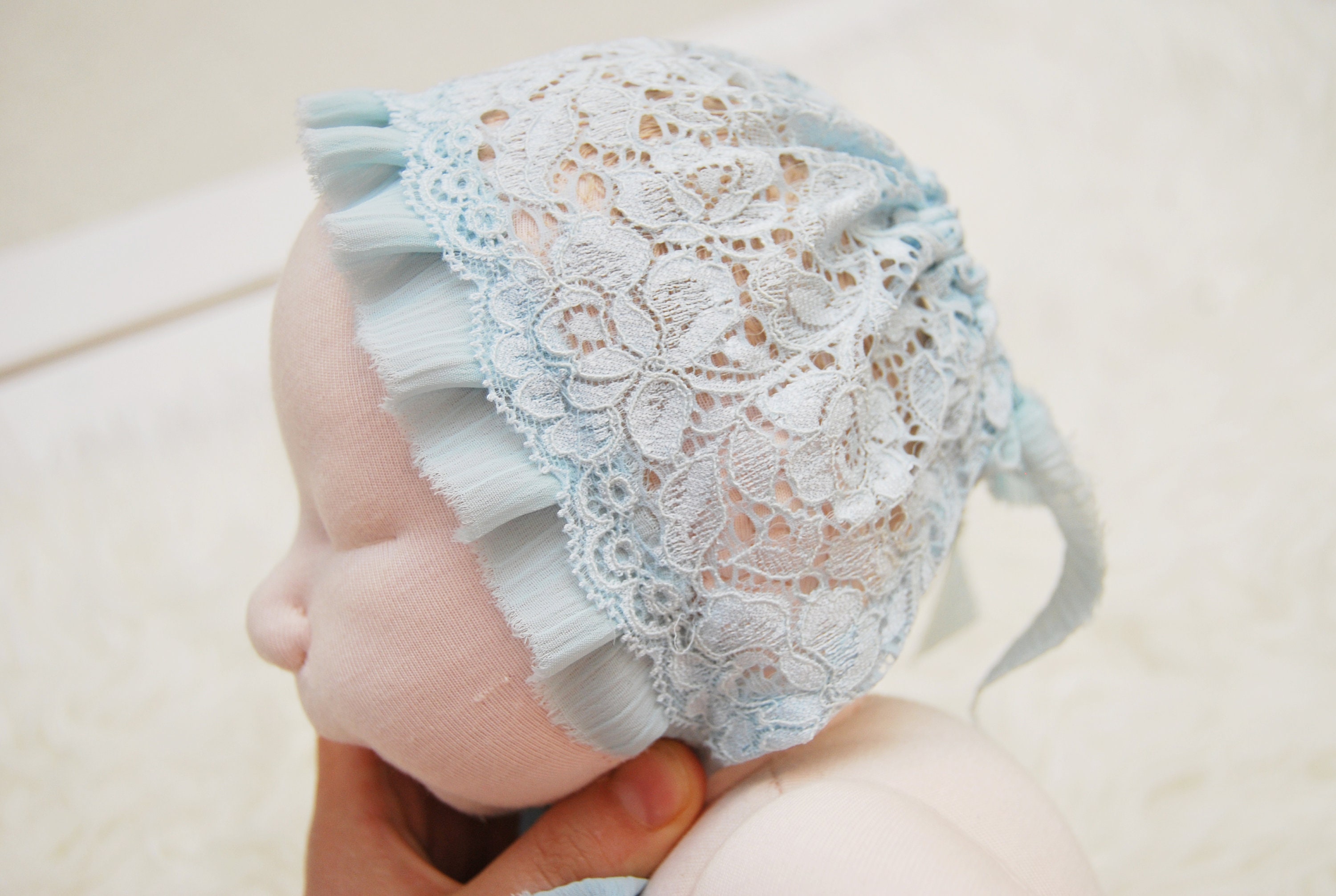 Newborn bonnet, blue lace bonnet baby girl for first photo shoot ...
