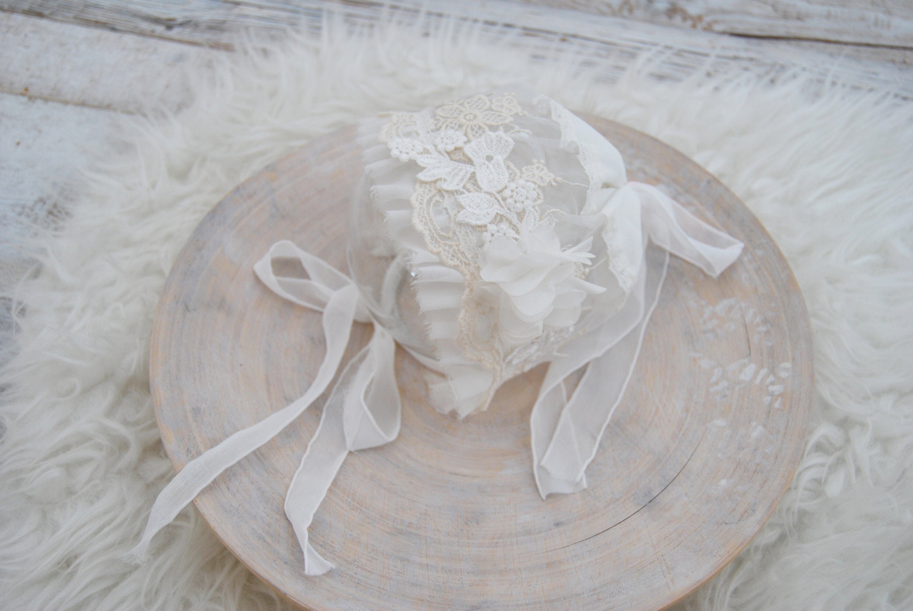 Newborn girl bonnet, white lace baby bonnet photo prop, newborn photo prop