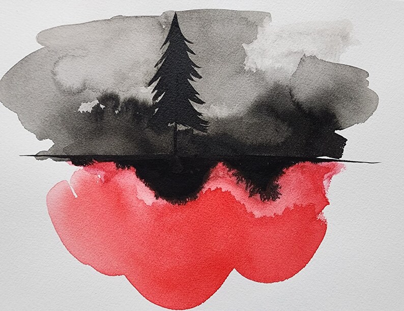 Abstract Red Treeline Watercolor Painting 8x10 - Etsy