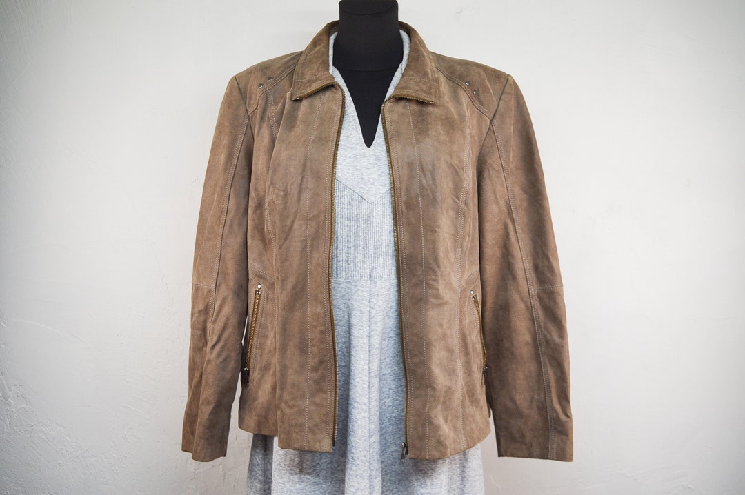 Saki Suede Leather Jacket: Taupe Zip-up Coat, Women's XL - Etsy
