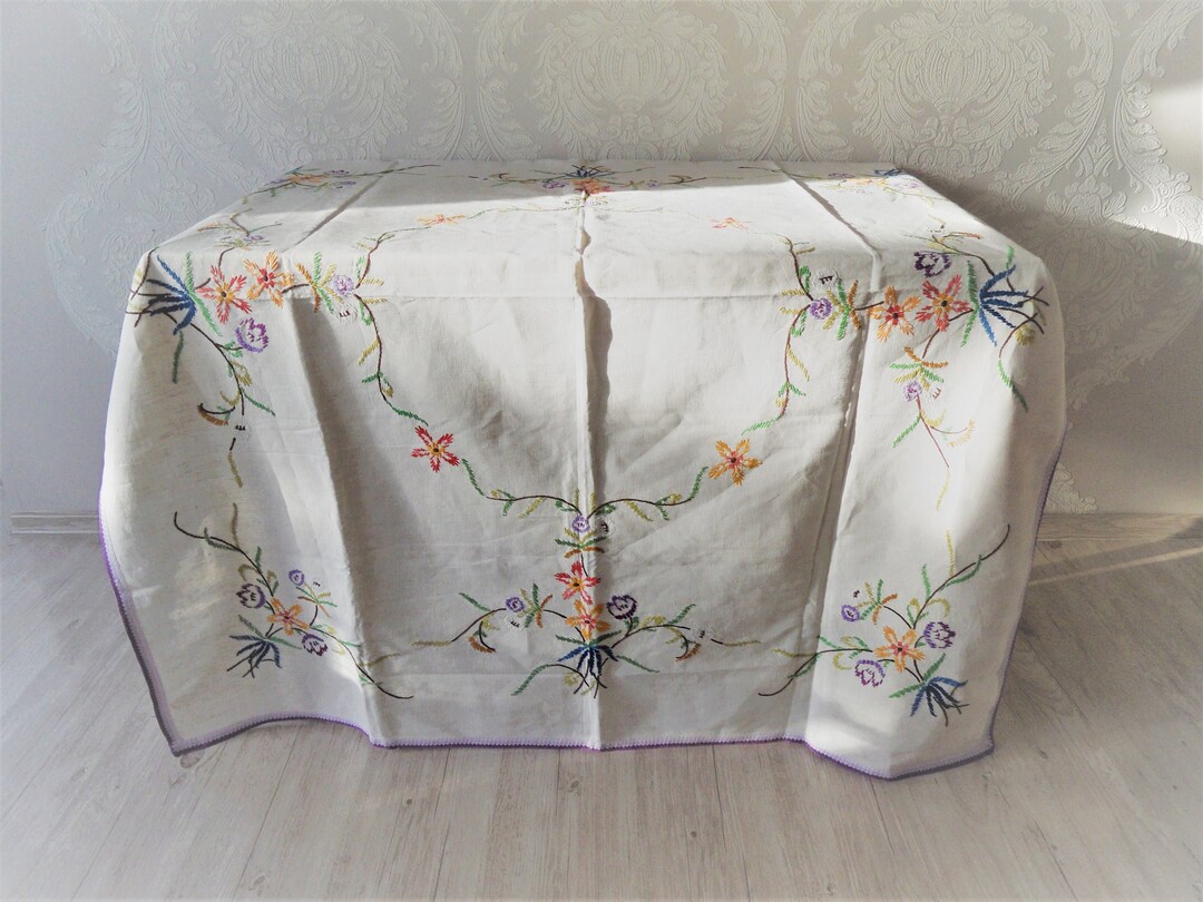 Hand Embroidered Table Cloth Small Table Cloth Lace Edges Handmade ...