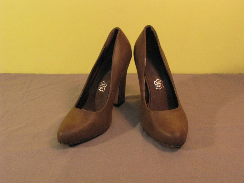 Vintage Brown Genuine Leather MOOW High Heels Women Shoes Brown Pumps ...