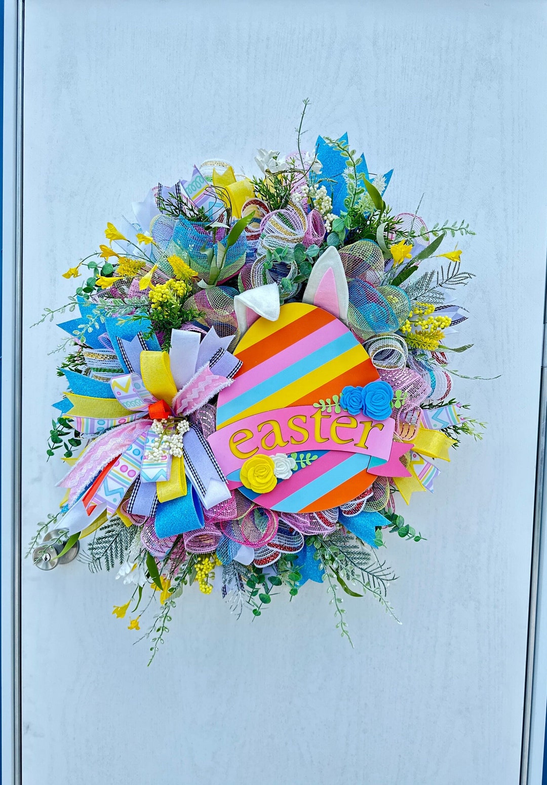 Large Happy Easter Floral Spring Outdoor Wreath for Front Door, Bright ...