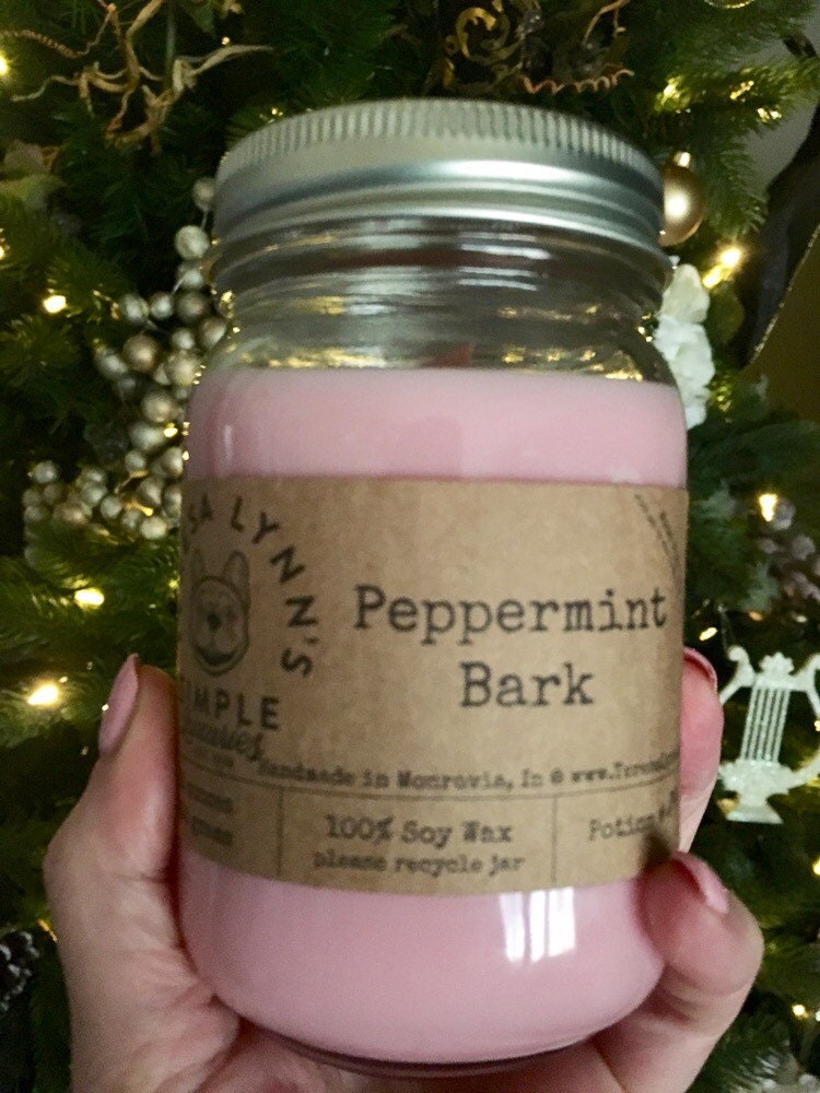 Peppermint Bark, scented, soy candle, Wood Wick, pink candle, chocolate ...