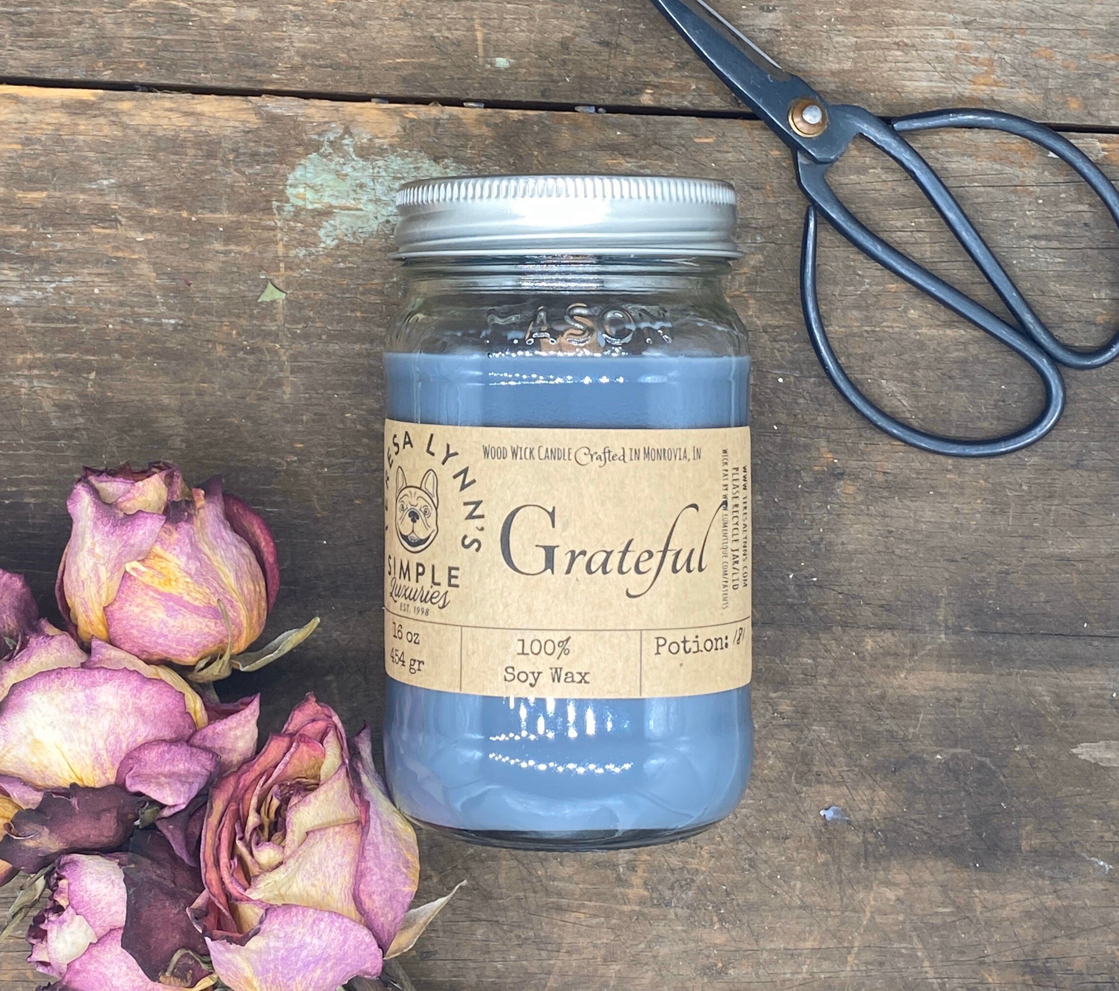 Grateful, soy candle, wooden wick, calming, meditation, anxiety relief ...