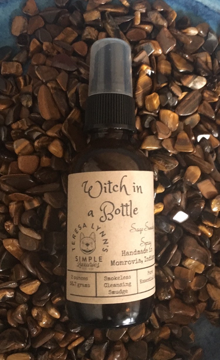 Witch in a bottle, Smudge Spray, cleansing, Sage, Tigers eye ...
