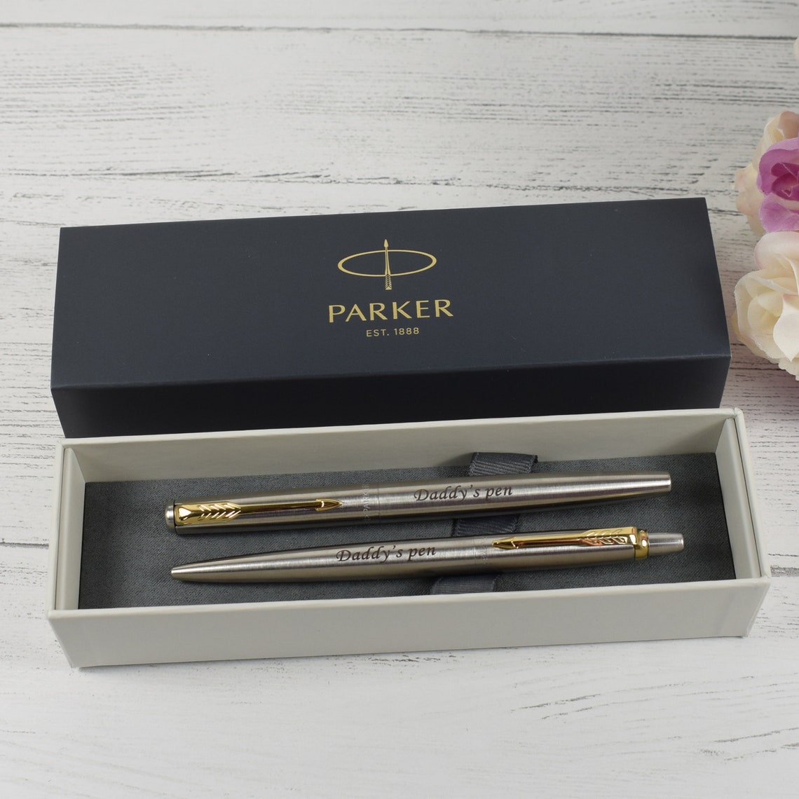 Personalised Pen Set Engraved Pen Stainless Steel GOLD TRIM - Etsy