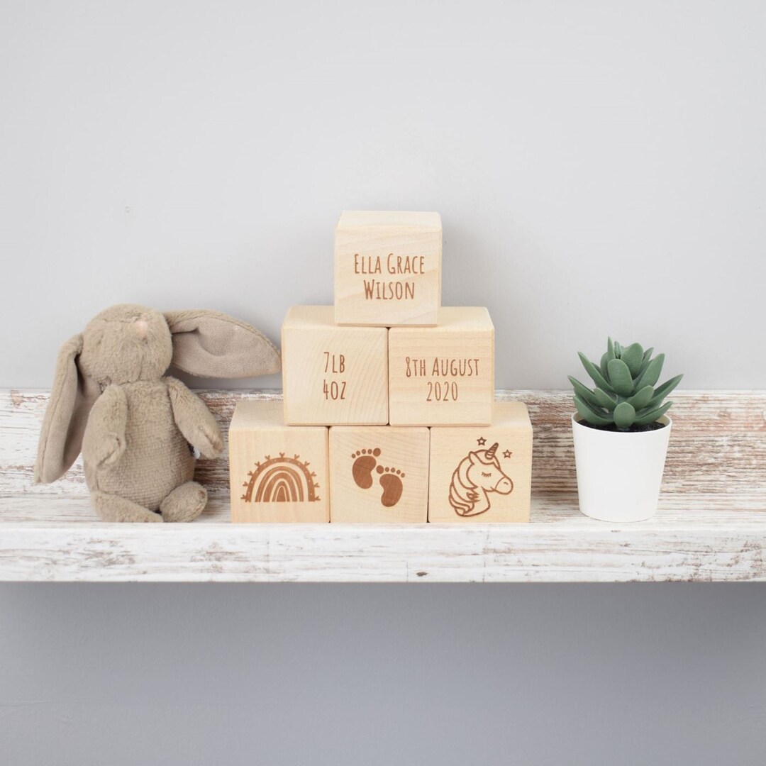 Personalised Baby Birth Block Keepsakes Cube Engraved With: Feet, Name ...