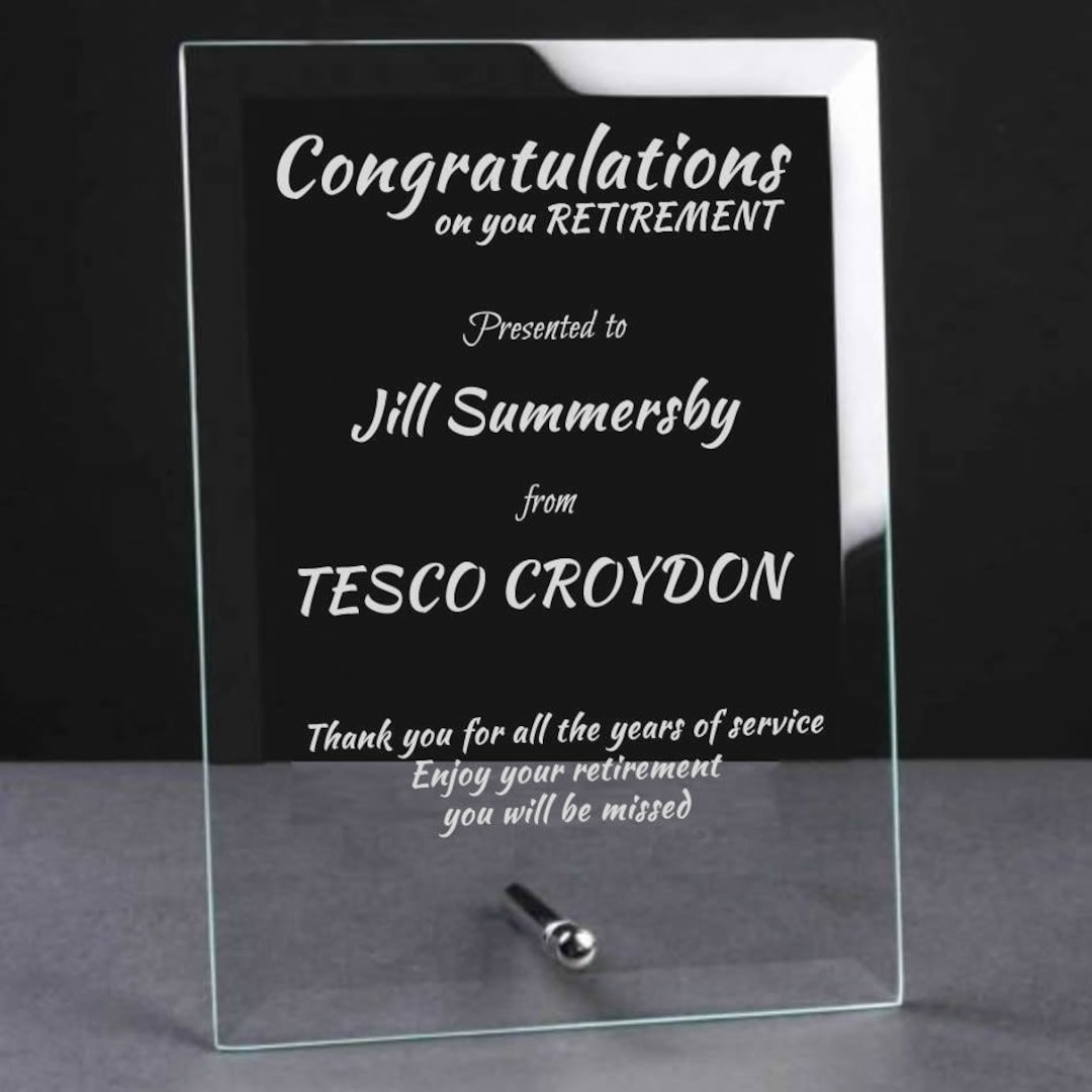 Personalised Engraved Retirement Glass Plaque - Leaving Gift Retirement ...