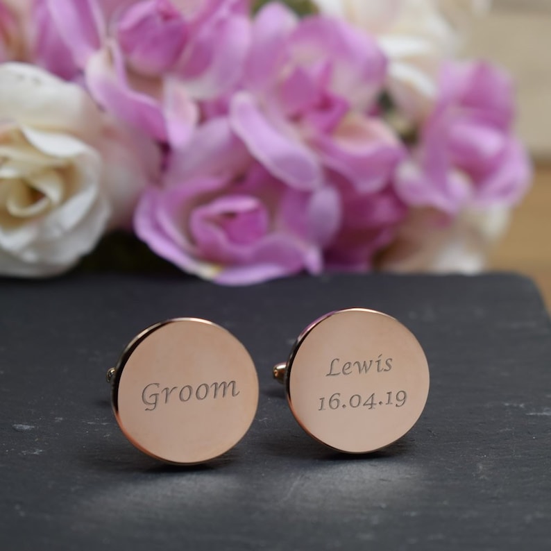 Mens Personalised ROSE GOLD Groom Wedding Day Custom Engraved ROUND ...