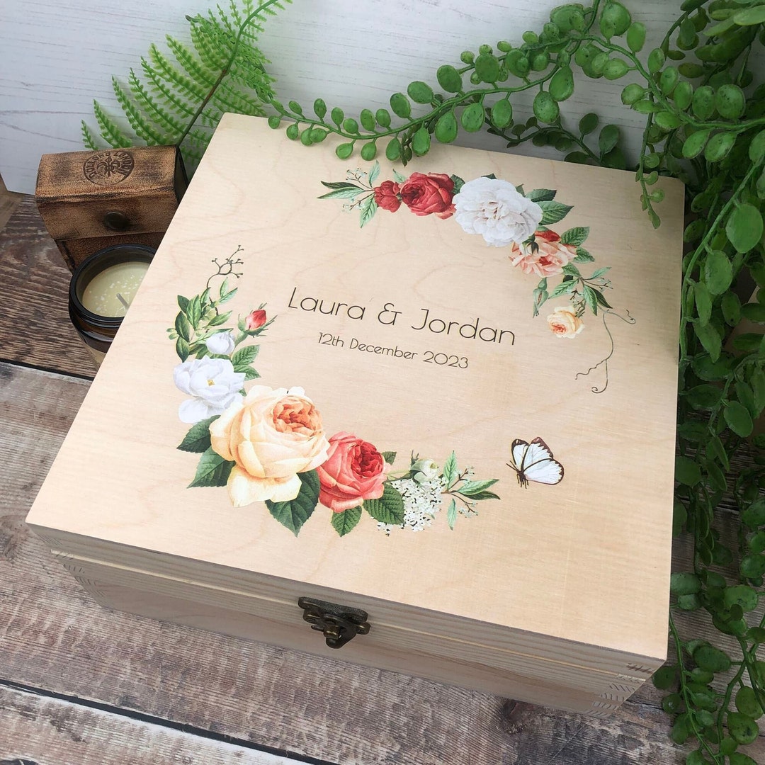Personalised Wedding Memory Box With Floral Wreath & Butterfly Design ...