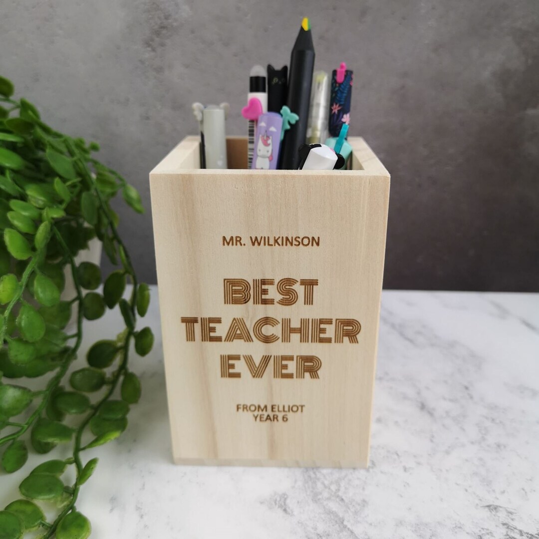 Personalised Teachers Thank You Pen Pot Light Wooden Pencil Holder Desk ...