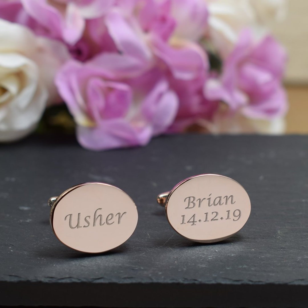 Mens Personalised ROSE GOLD Usher Wedding Day Custom Engraved OVAL ...