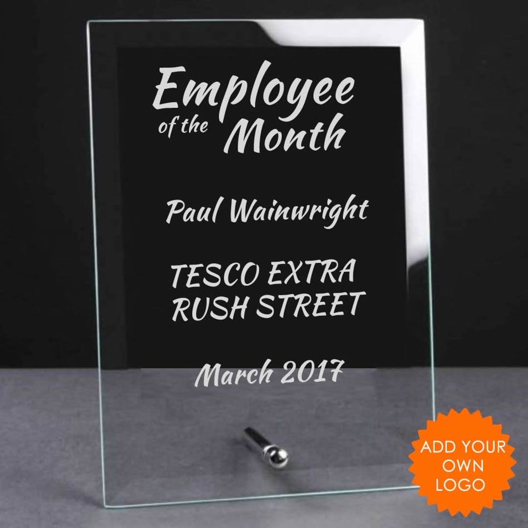 Personalised Employee of the Month Glass Plaque Trophy Award - Engraved ...
