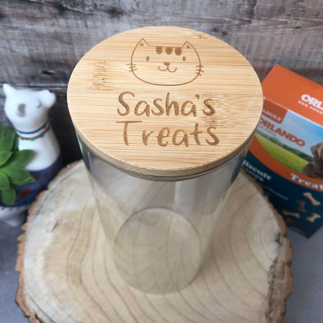 Personalised Cat Treat Jar | Engraved Bamboo Lid, Glass Storage - Etsy