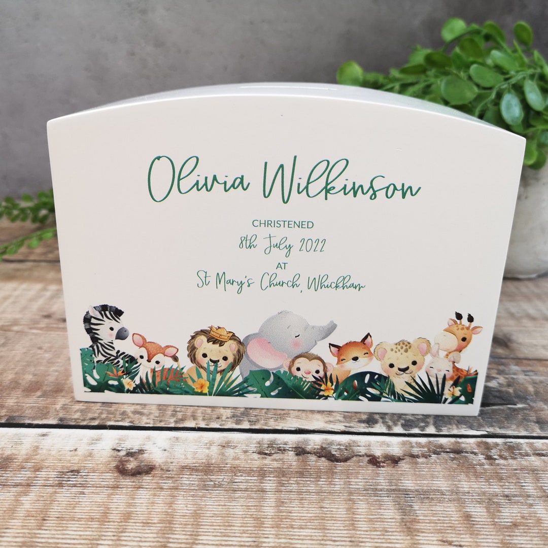 Personalised Money Box With Safari Animals | Luxury Solid Wood ...