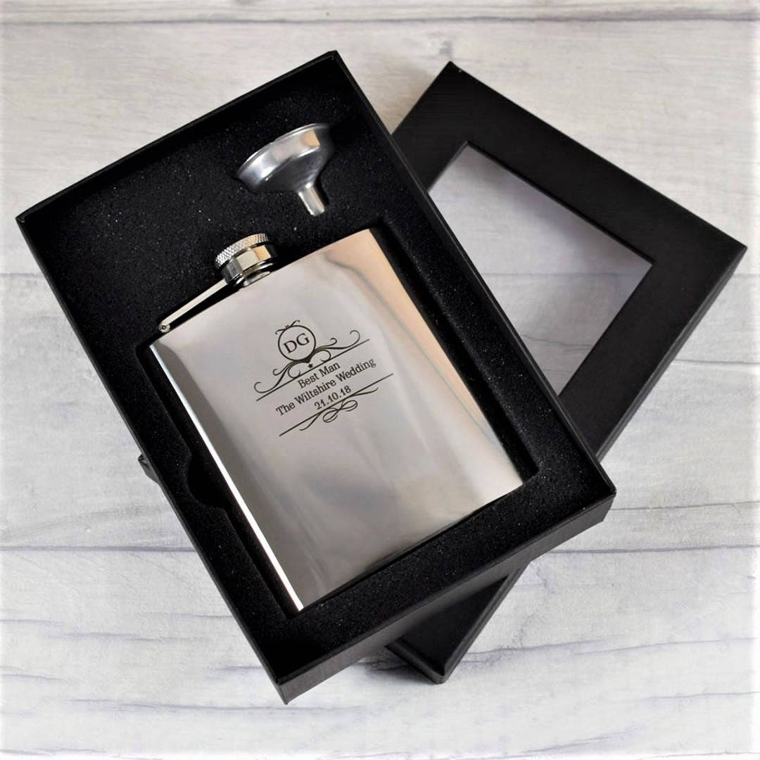 Engraved, Personalised Wedding Hip Flask With Classy Label Design ...