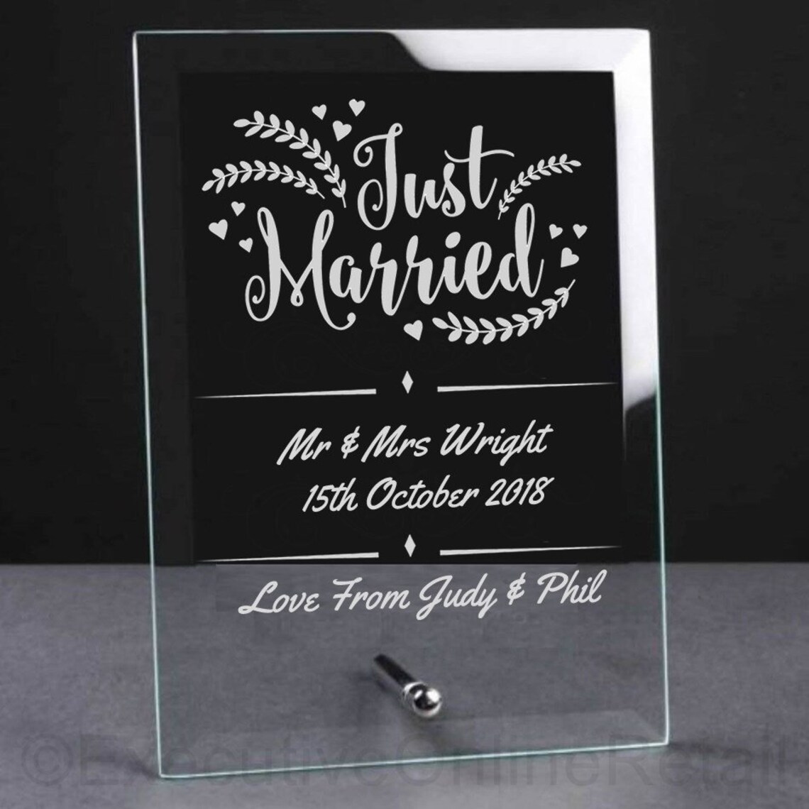 Glass Wedding Plaque Sign Just Married Personalised Engraved | Etsy