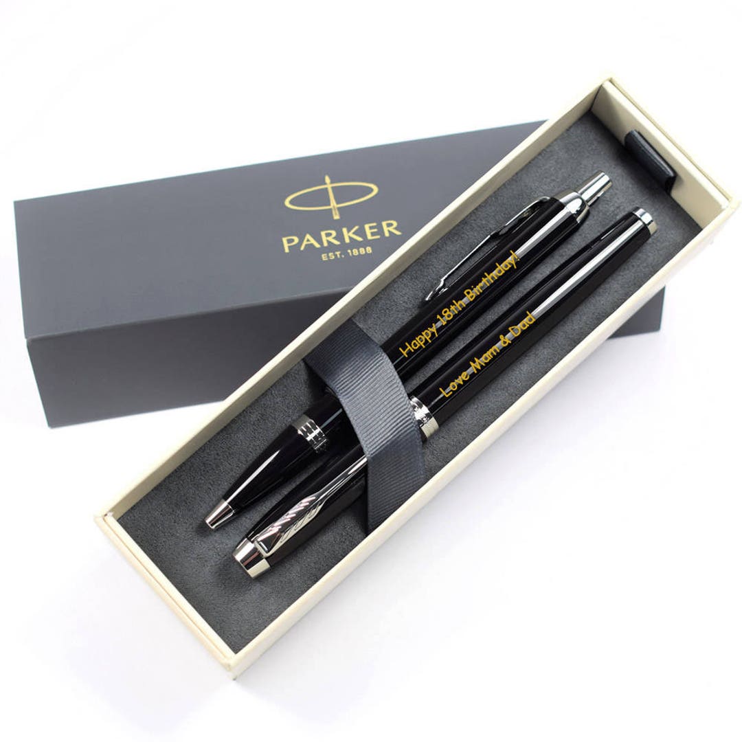 Engraved Parker IM Black & Chrome Rollerball and Ballpoint Set, Personalised Engraved Pen Set ...
