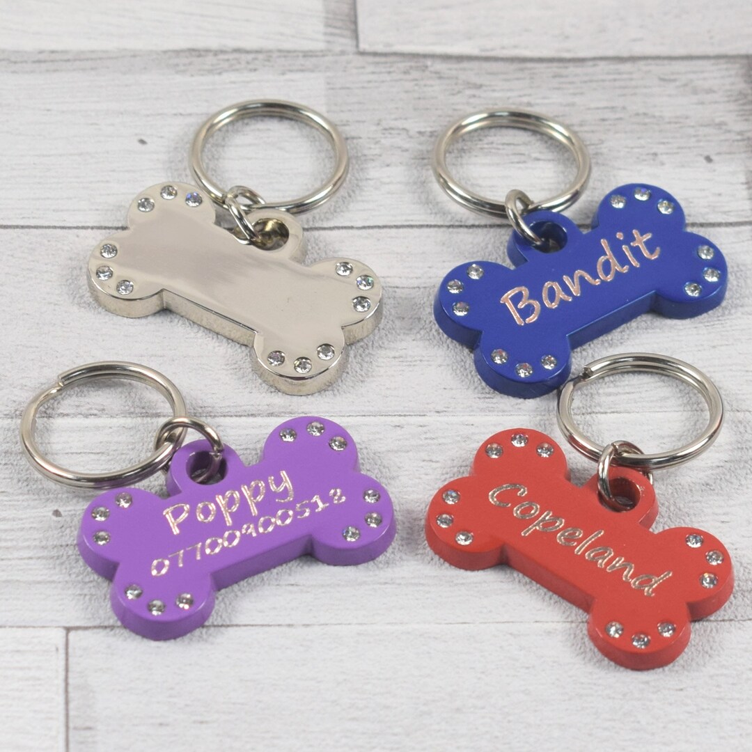 Personalised, Engraved Bone Shaped Pet ID Tag With Diamantés, Collar ...