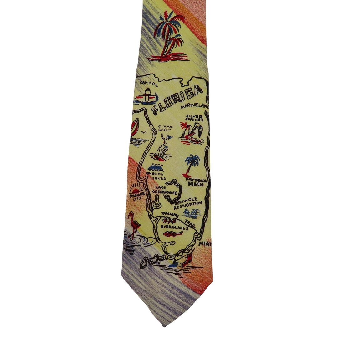 Vintage Palm Island of Miami Hand Painted Map Striped Mens Necktie Tie ...