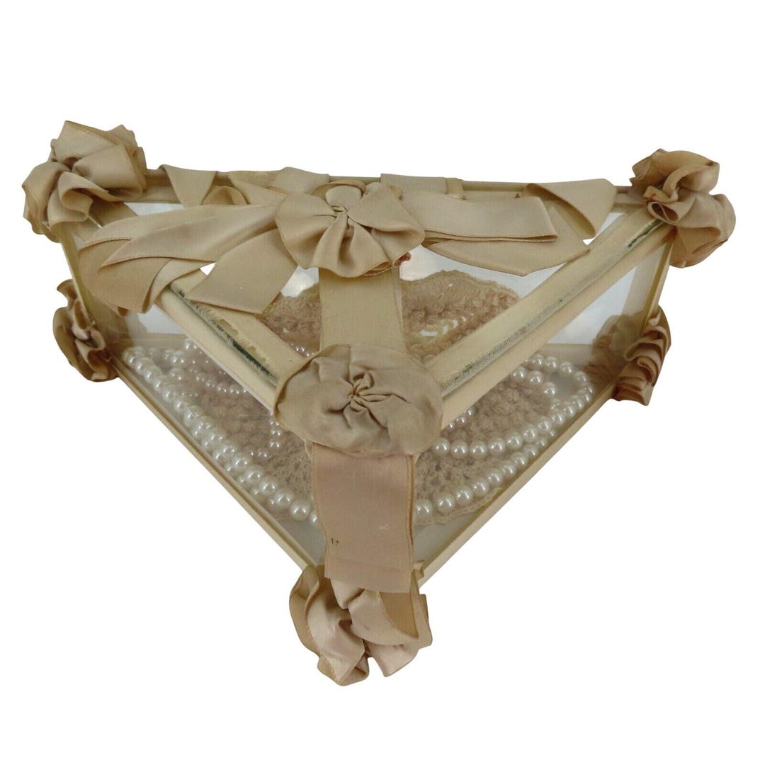 VTG Handmade Ivory Satin Ribbon Glass Triangle Jewelry Trinket Box ...