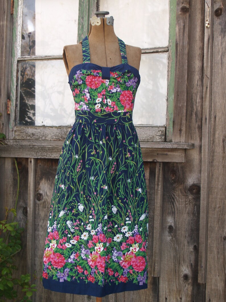 Vintage Sun Dress//navy Blue//floral Print//bodice Dress//cotton ...