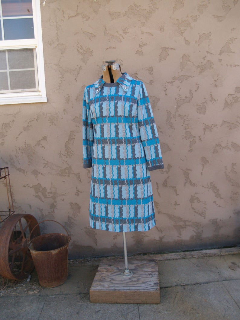 Vintage 1960's Knit Dress in Blue and Gray Geometric Midi - Etsy