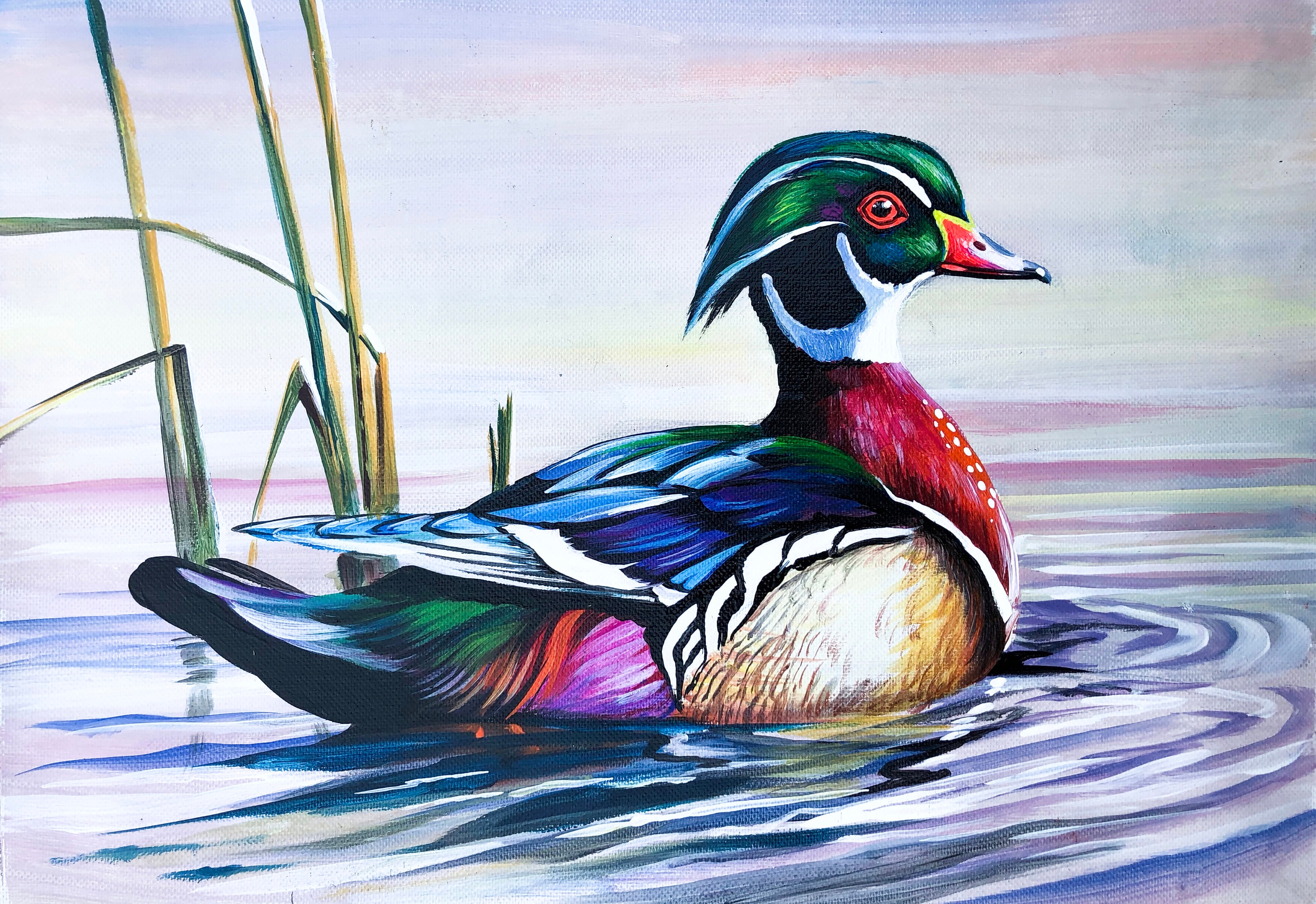 Wood Duck Canvas Painting Colorful Duck in The Lake Original | Etsy