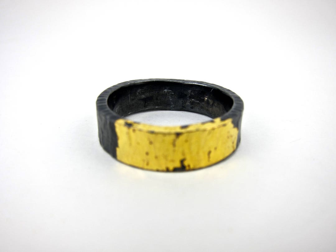 Rustic Blackened Silver Ring: Keum Boo Gold Accent Unisex Band - Etsy