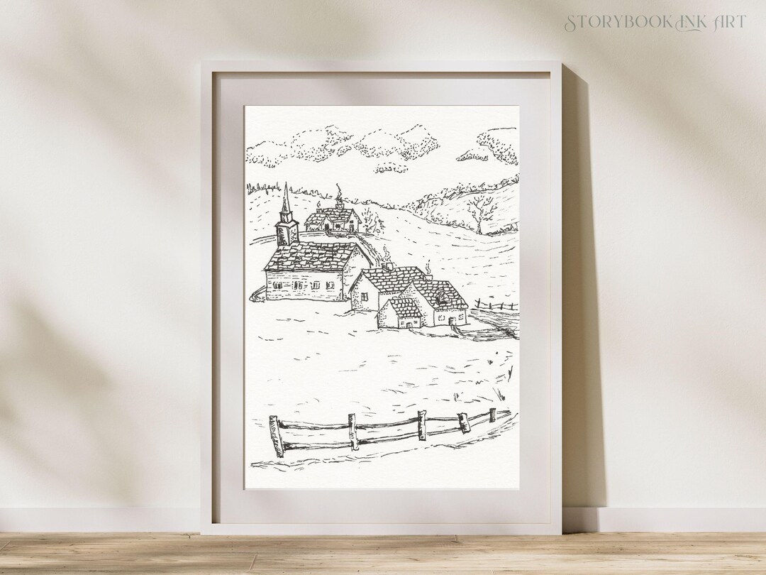 New England Village Ink Drawing | Idyllic Rural Landscape | Digital ...