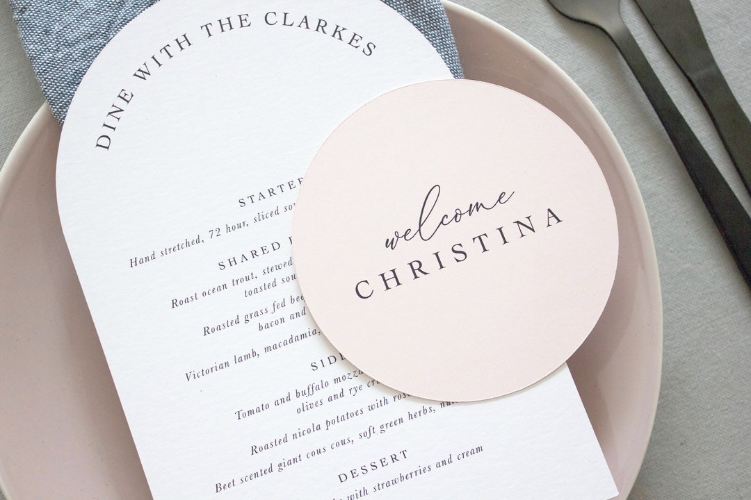 Arch Shaped Menus With Circle Place Cards, Personalised Guest Name Card ...