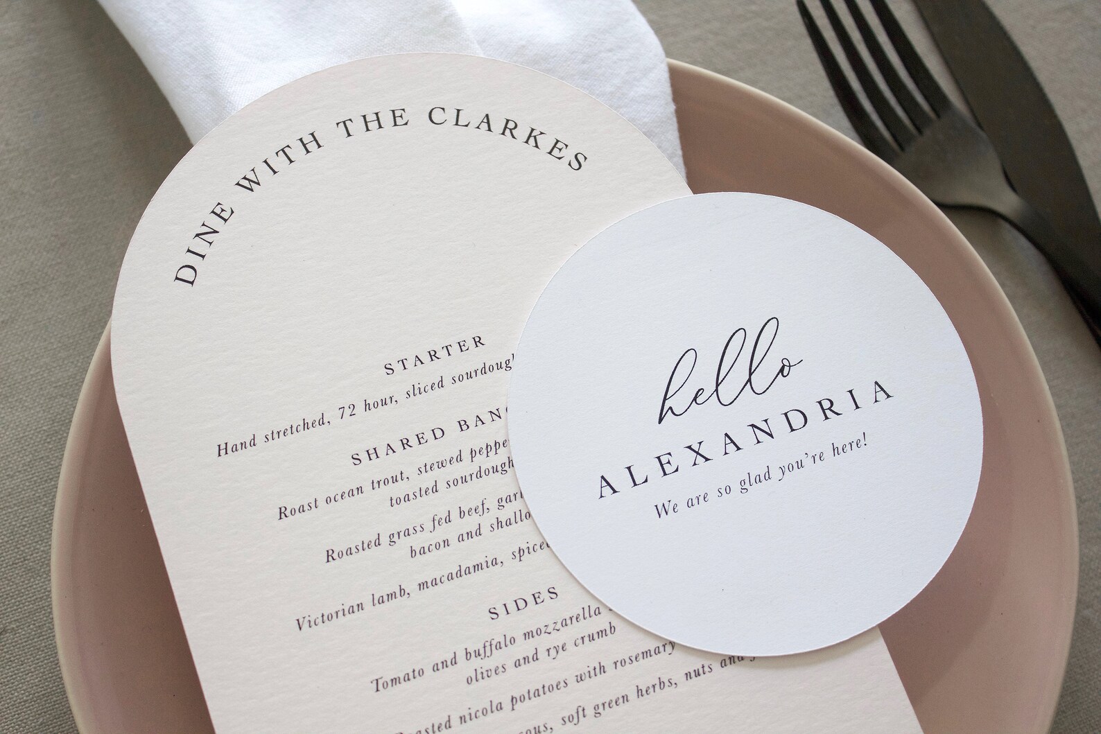Arch Shaped Menus With Circle Place Cards, Personalised Guest Name Card ...